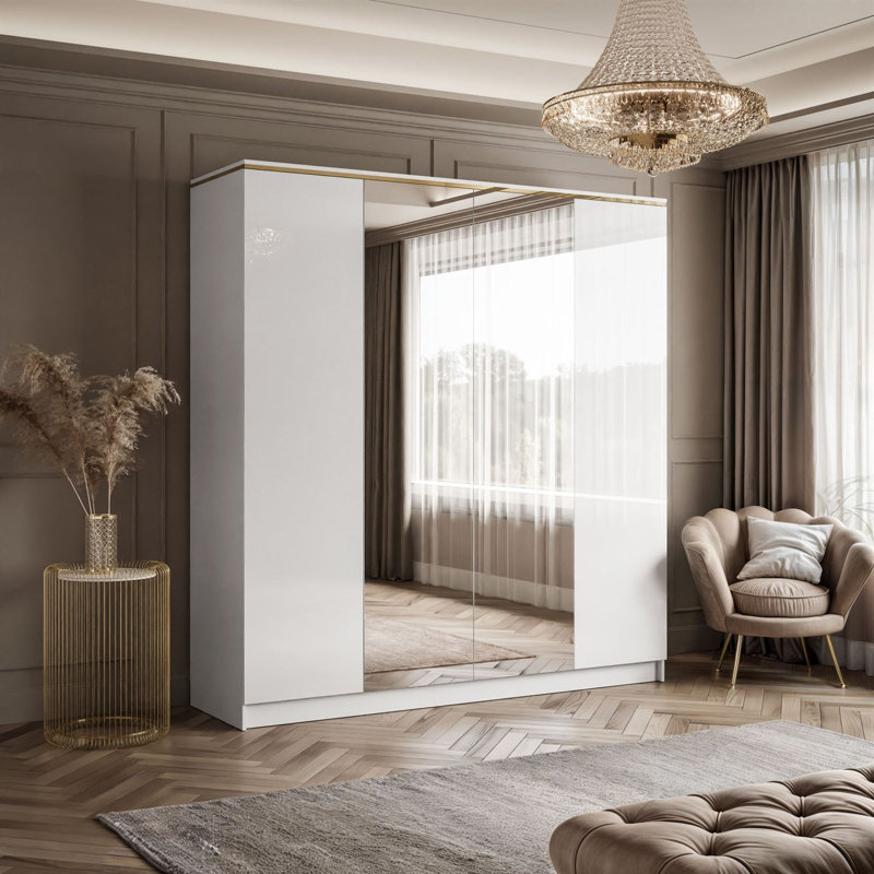 Brayden Studio AURORA 4D white gloss Wardrobe with mirror, Push-to-Open | Wayfair.co.uk